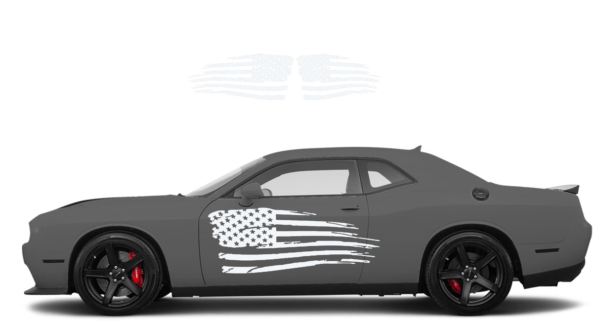 Dodge Challenger US Flag Side Decals (Pair) : Vinyl Graphics Kit Fits